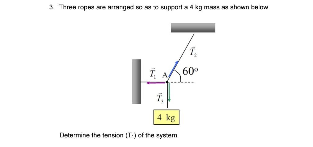 Solved 3. Three ropes are arranged so as to support a 4 kg | Chegg.com