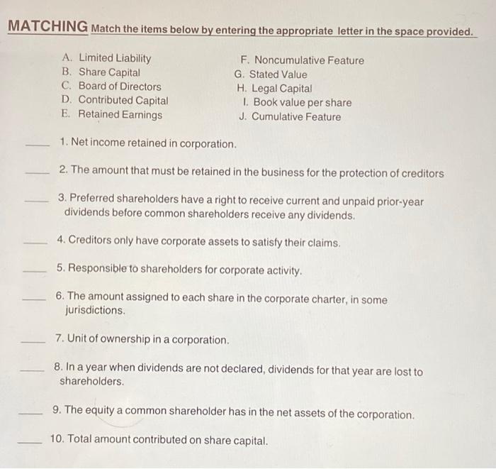 Solved MATCHING Match the items below by entering the | Chegg.com