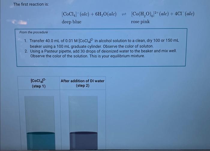 Solved The first reaction is: [CoCl4]−(alc)+6H2O( alc )⇌ | Chegg.com
