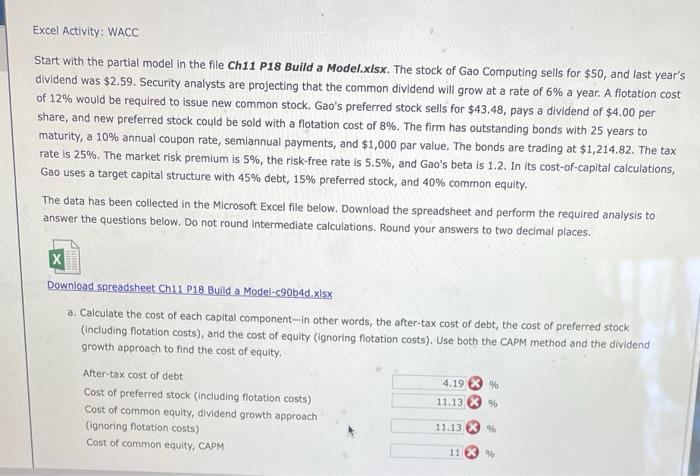 Solved Excel Activity: WACC Start with the partial model in | Chegg.com
