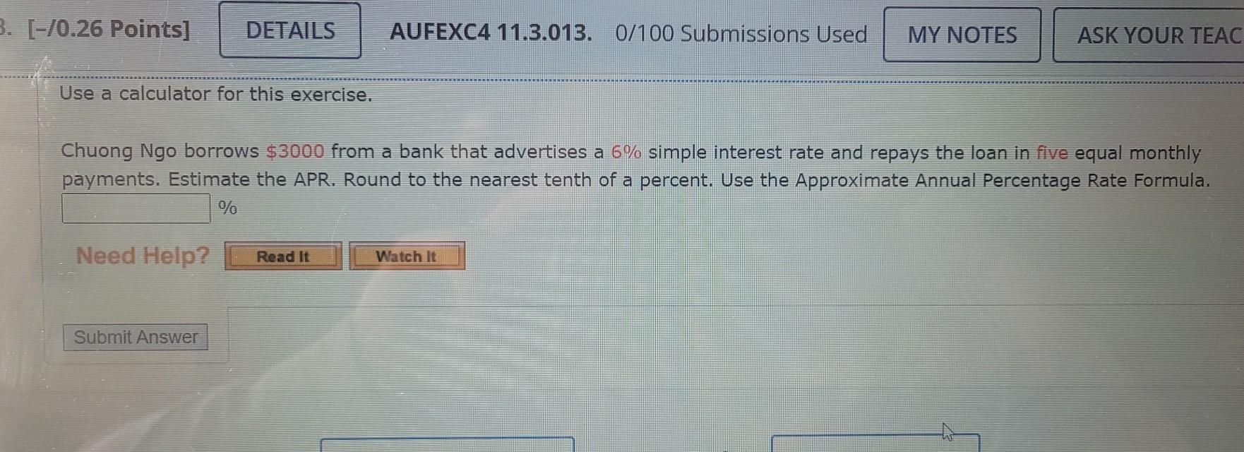 Solved 3. [-/0.26 Points] DETAILS AUFEXC4 11.3.013. 0/100 | Chegg.com
