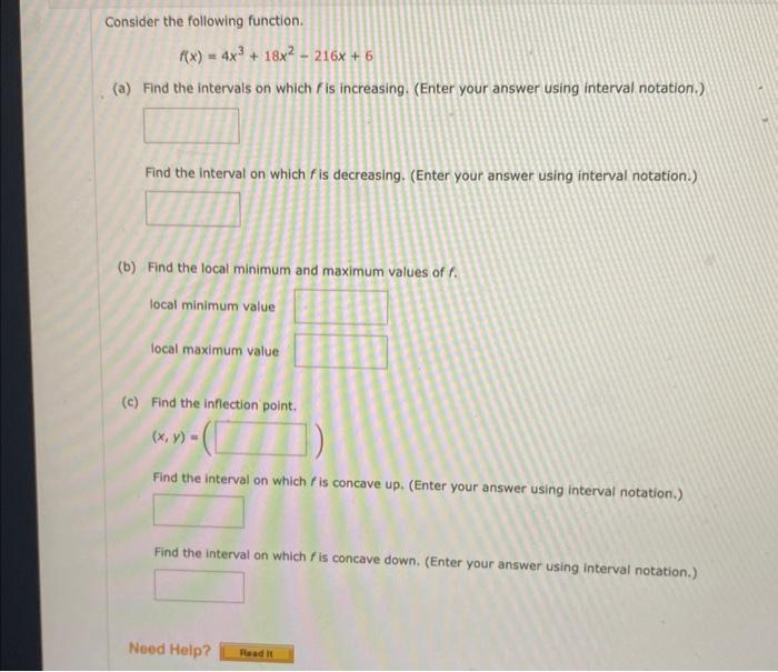 Solved Consider the following function. f(x)=4x3+18x2−216x+6 | Chegg.com