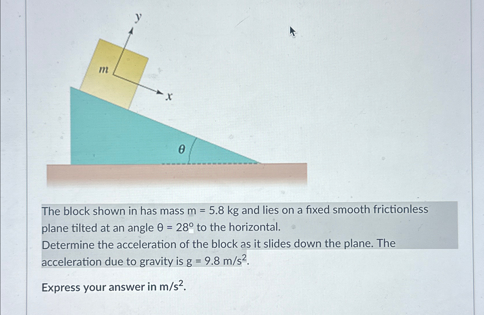 Solved The block shown in has mass m=5.8kg ﻿and lies on a | Chegg.com