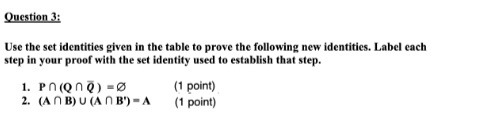 Question 3:Use the set identities given in the table | Chegg.com