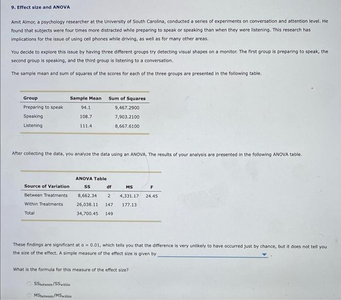 Solved 9. Effect size and ANOVA Amit Almor, a psychology | Chegg.com