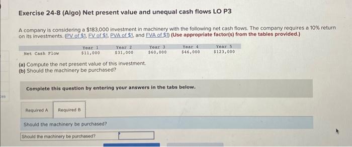 Solved Exercise 24-8 (Algo) Net present value and unequal | Chegg.com