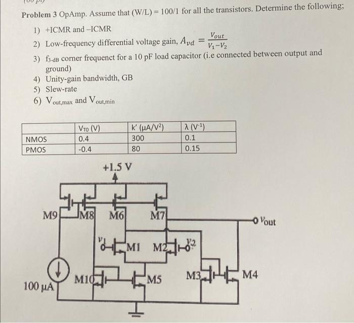 Solved Problem 3 OpAmp. Assume that ( (mathrm{W} / | Chegg.com