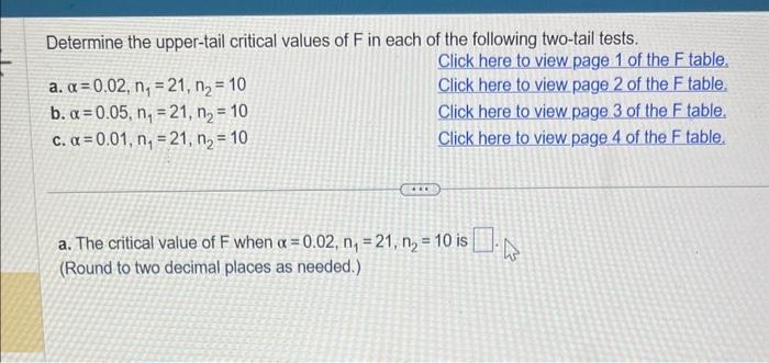 Solved Determine the upper-tail critical values of F in each | Chegg.com