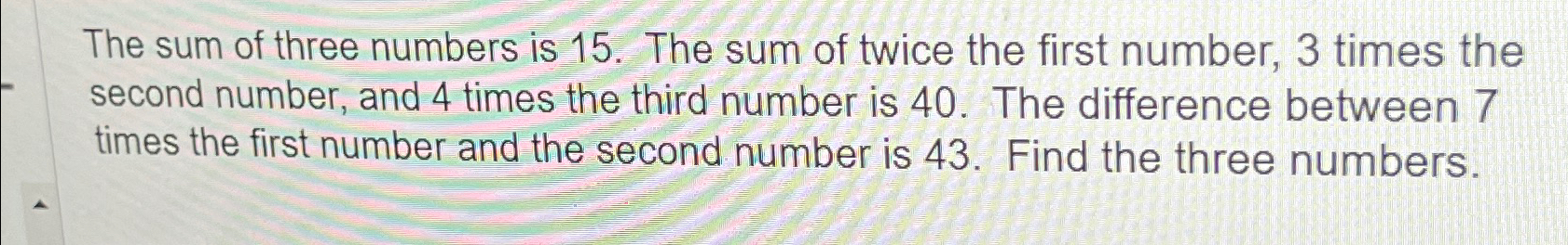 Solved The sum of three numbers is 15 . ﻿The sum of twice | Chegg.com