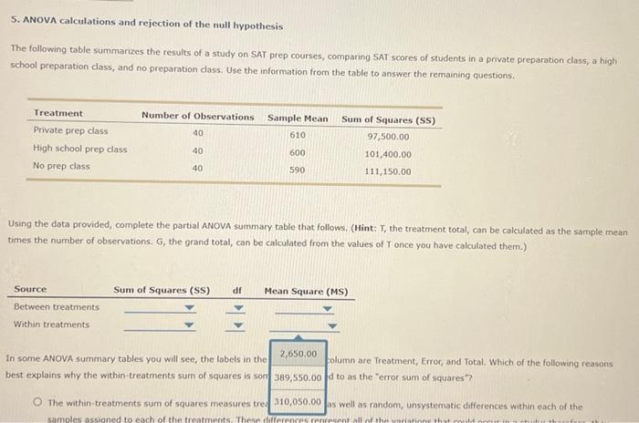 Solved 5. ANOVA calculations and rejection of the null | Chegg.com