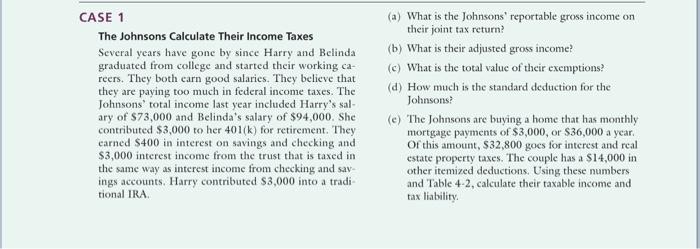 Solved CASE 1 The Johnsons Calculate Their Income Taxes | Chegg.com