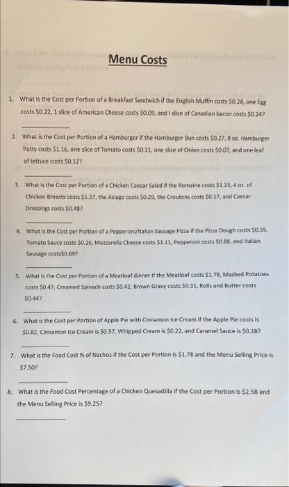 Solved Menu Costs 1. What is the cost per Portion of a | Chegg.com