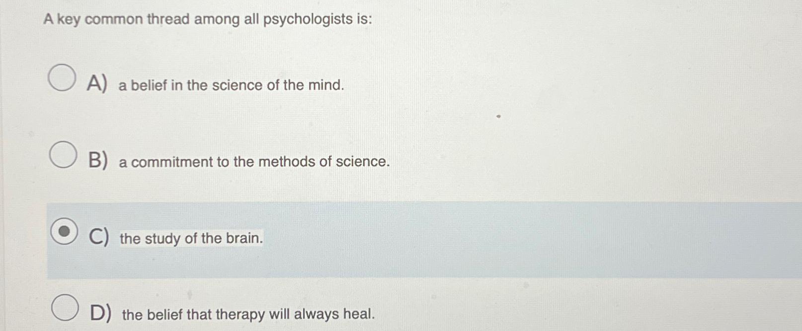 Solved A key common thread among all psychologists is:A) ﻿a | Chegg.com