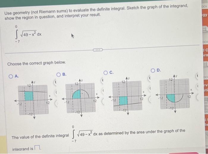 Solved Use geometry (not Riemann sums) to evaluate the | Chegg.com