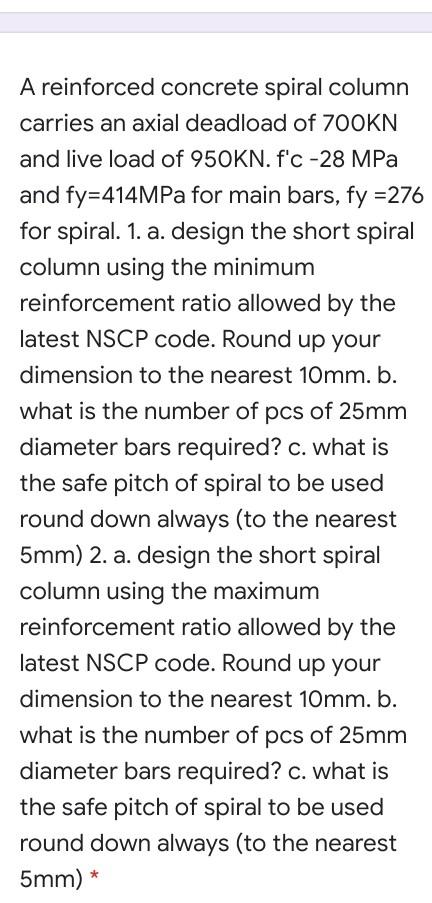 Solved A reinforced concrete spiral column carries an axial | Chegg.com