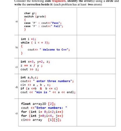 Solved Consider the following code fragments, identity the | Chegg.com