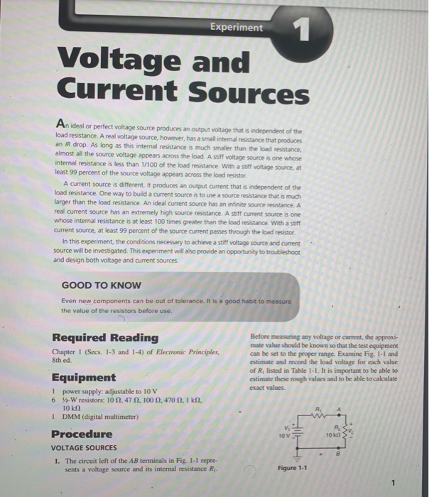 Solved Experiment 1 Voltage and Current Sources An ideal or | Chegg.com
