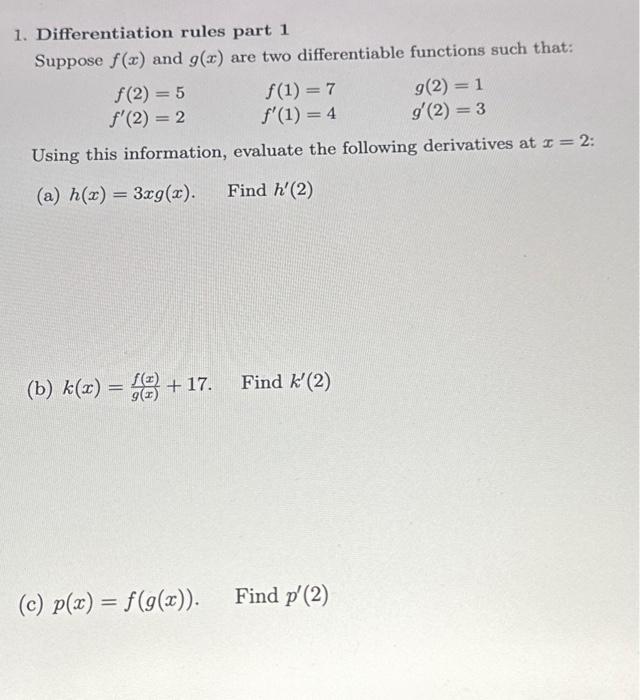 Solved 1 Differentiation Rules Part 1 Suppose F X And G X