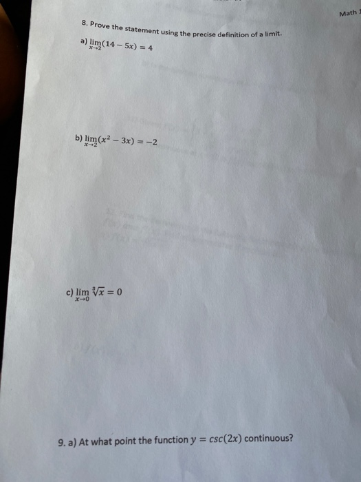 Solved 8. Prove the statement using the precise definition | Chegg.com