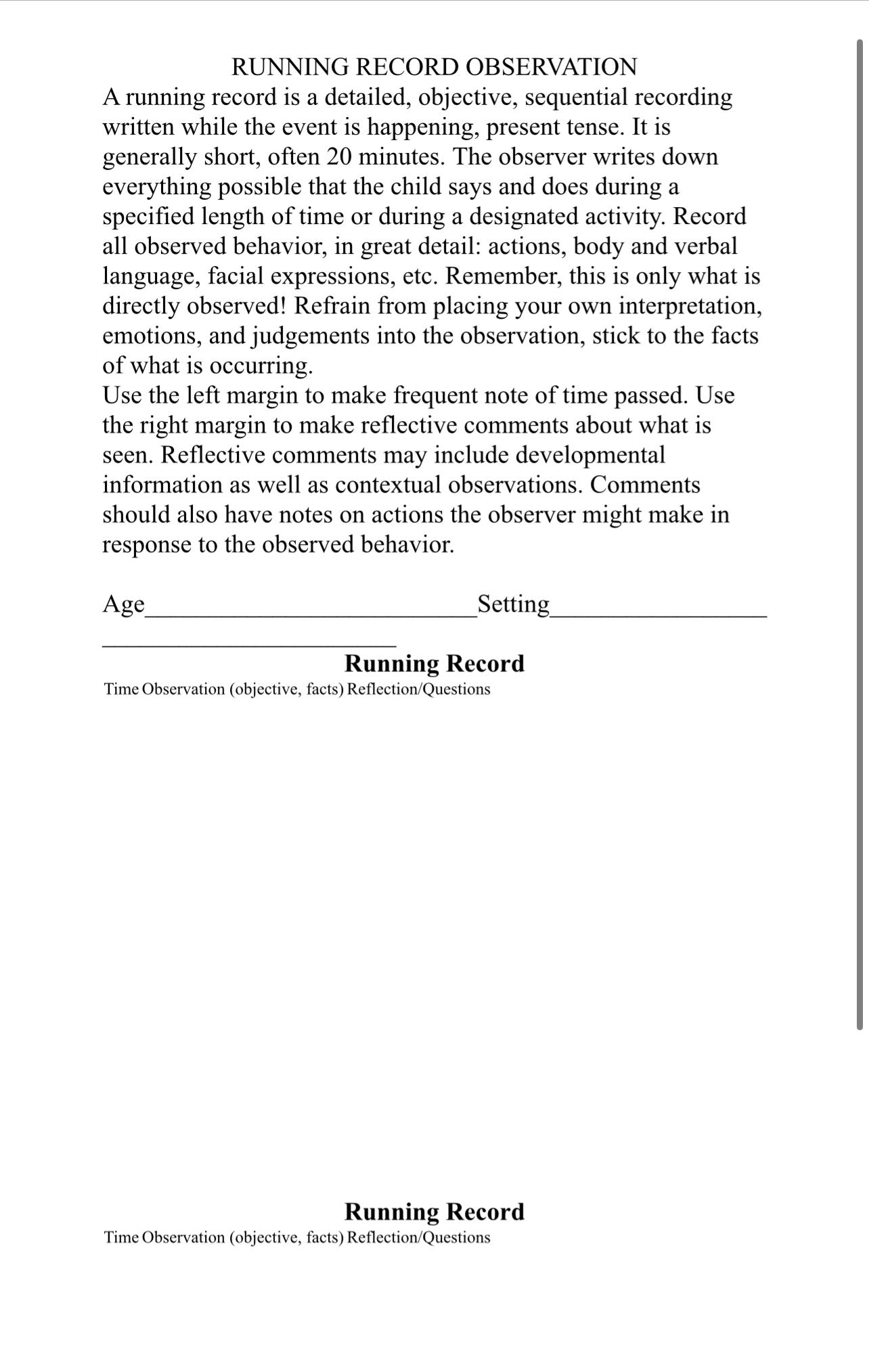 Solved RUNNING RECORD OBSERVATIONA running record is a | Chegg.com