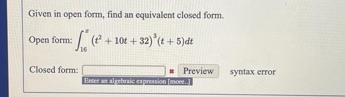 Given in open form, find an equivalent closed form. | Chegg.com