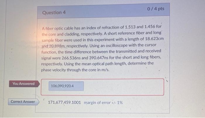Solved A fiber optic cable has an index of refraction of | Chegg.com