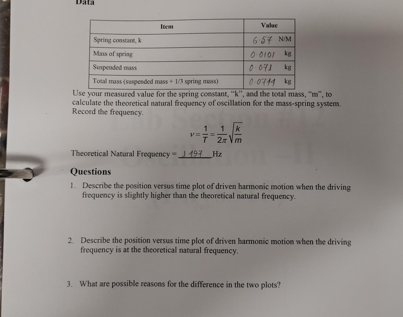 Solved Use your measured value for the spring constant, " k | Chegg.com