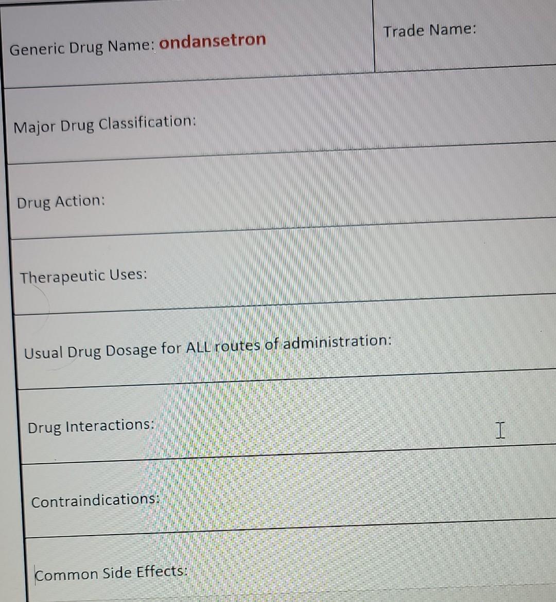 Solved Major Drug Classification: Drug Action: Therapeutic | Chegg.com