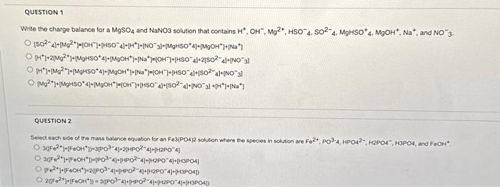 Solved Write the charge balance for a MgSO4 and NaNO3 | Chegg.com
