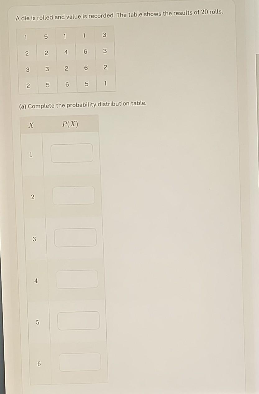 Solved A die is rolled and value is recorded. The table | Chegg.com