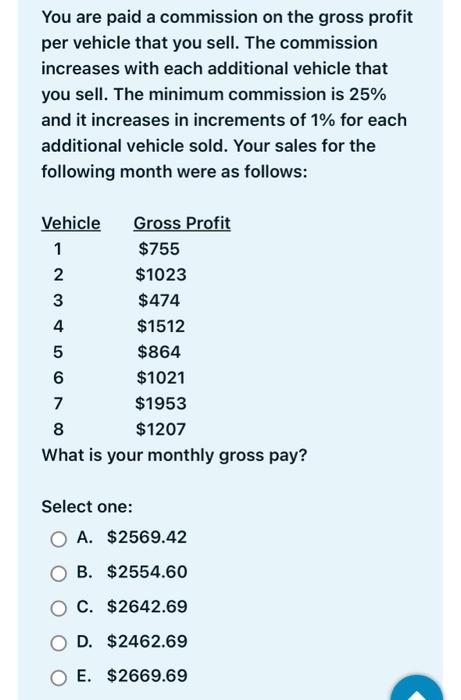 Solved You are paid a commission on the gross profit per | Chegg.com