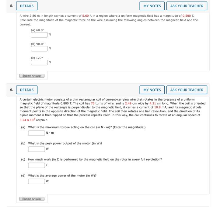 Solved A wire 2.80 m in length carries a current of 5.60 . A | Chegg.com