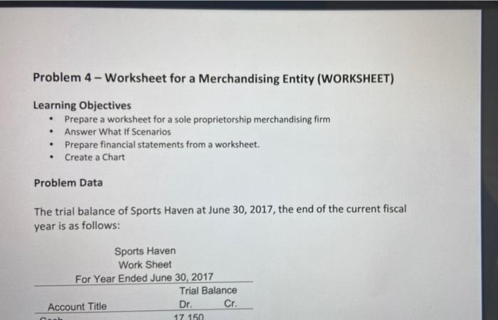 Solved Problem 4 - Worksheet for a Merchandising Entity | Chegg.com