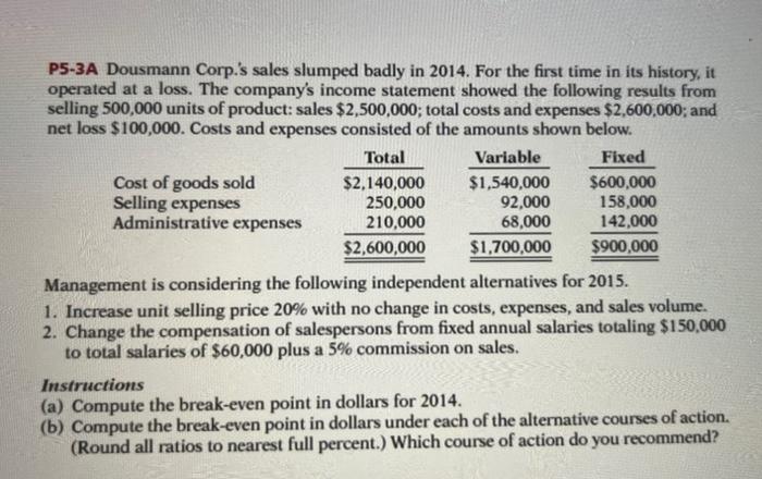 Solved P5-3A Dousmann Corp.'s sales slumped badly in 2014. | Chegg.com