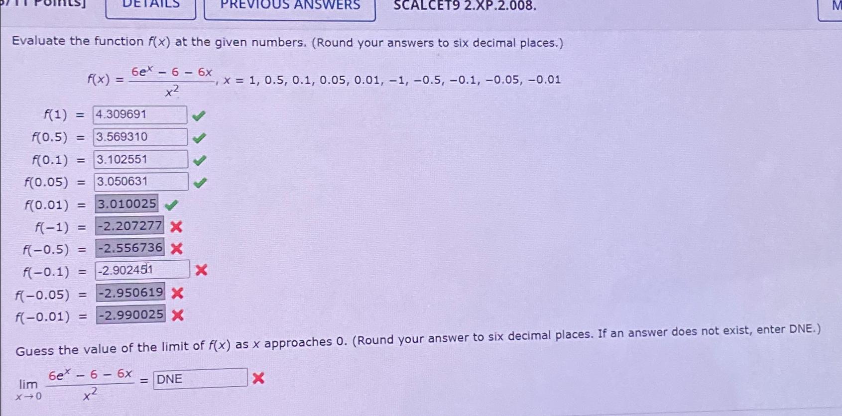 Solved SCALCET9 2.XP.2.008.Evaluate the function f(x) ﻿at | Chegg.com