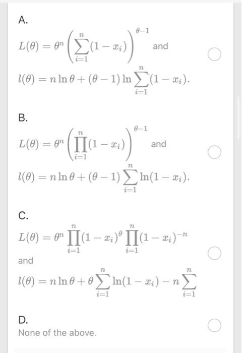 Solved Let f(x)=(1−x)θ−1θ. Then, the respective ∏i=1nf(xi) | Chegg.com