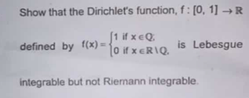 Solved Show that the Dirichlet's function, f:[0,1]→R | Chegg.com