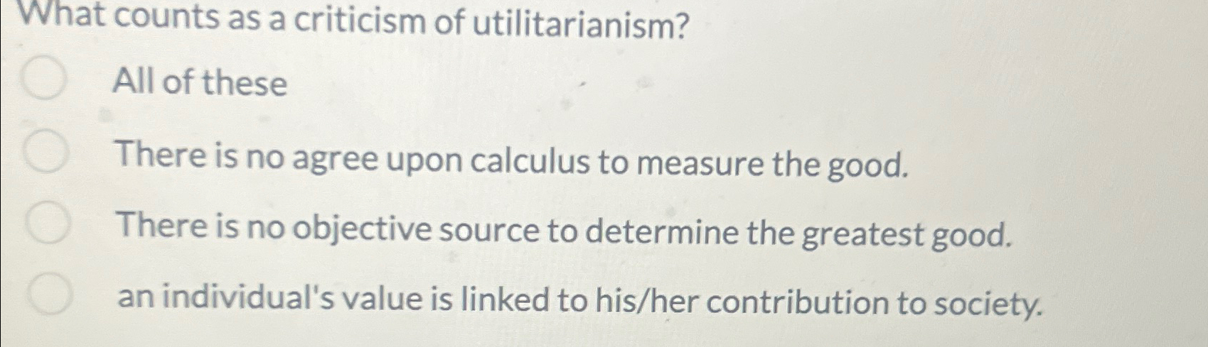 Solved What counts as a criticism of utilitarianism?All of | Chegg.com