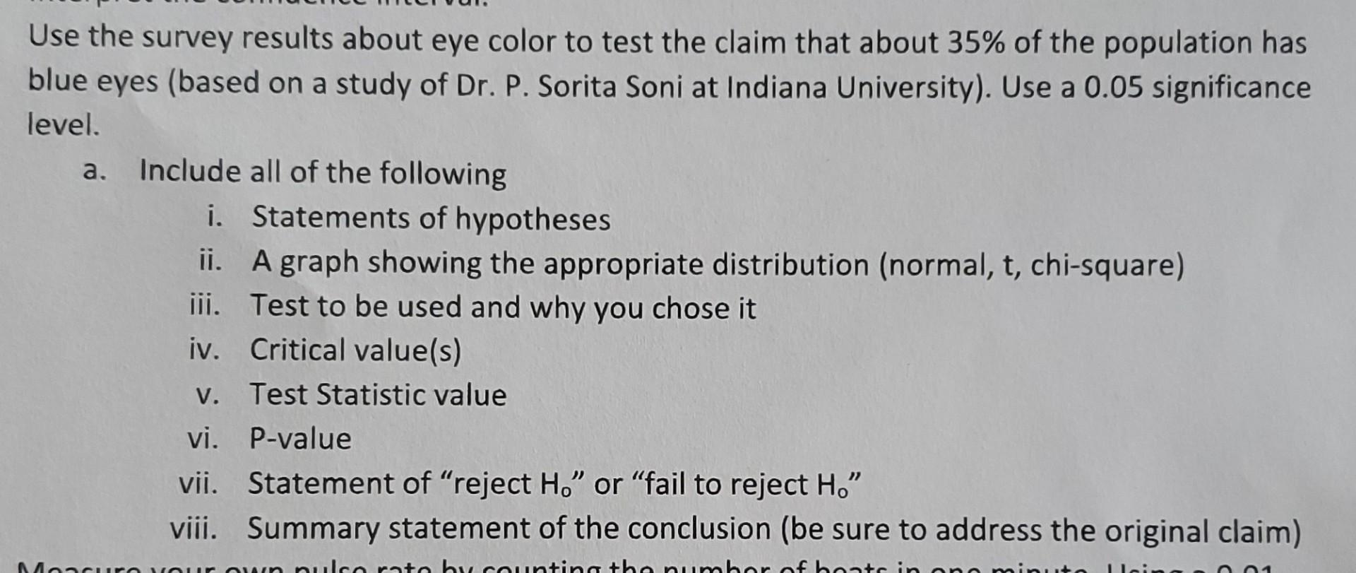 Solved Use the survey results about eye color to test the | Chegg.com