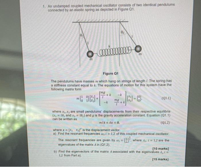 Solved 1. An undamped coupled mechanical oscillator consists | Chegg.com