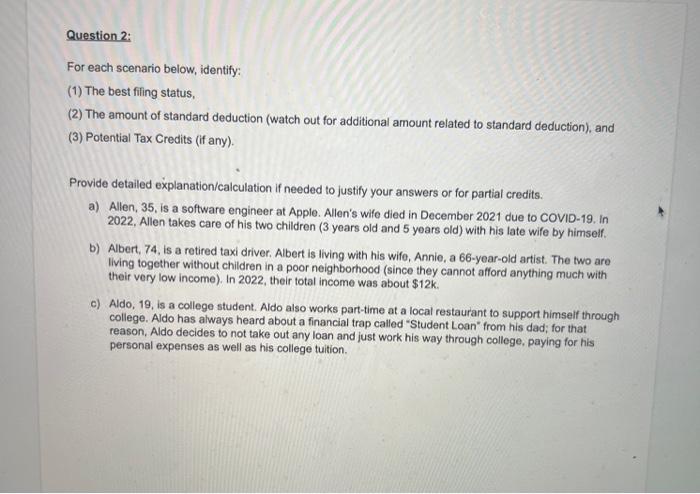 Solved For each scenario below, identify: (1) The best | Chegg.com