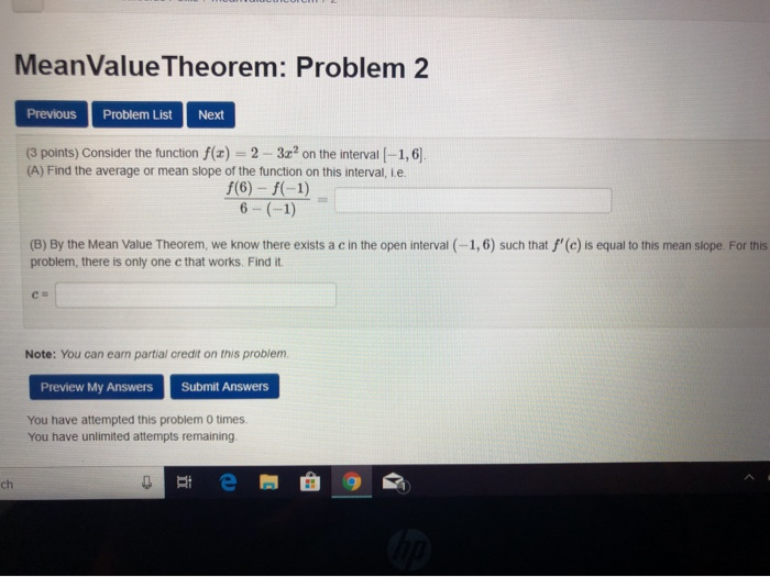 Solved Mean Value Theorem: Problem Previous Problem List | Chegg.com