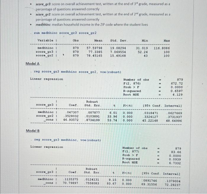 Solved - score_gr3: score on overall achievement test, | Chegg.com