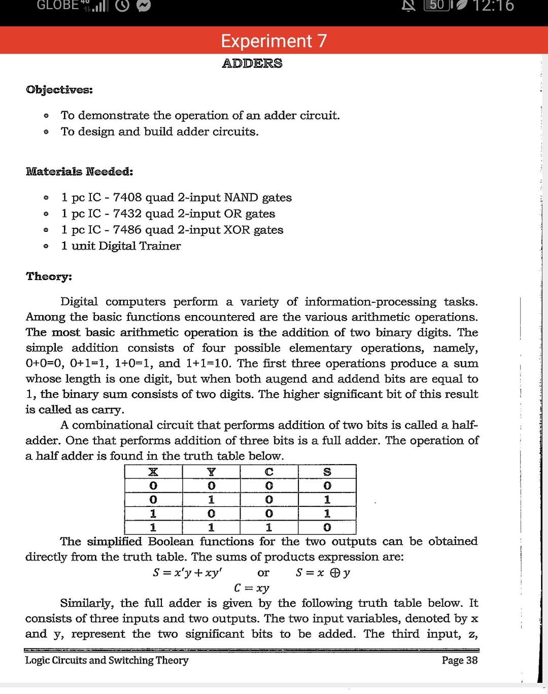 Solved GLOBE. A 50 12:16 Experiment 7 ADDERS Objectives: To | Chegg.com