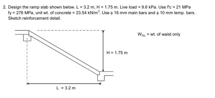 Solved 2. Design the ramp slab shown below. L = 3.2 m, H = | Chegg.com