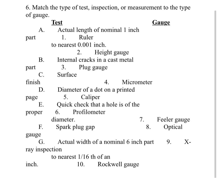 Solved part 6. Match the type of test, inspection, or | Chegg.com