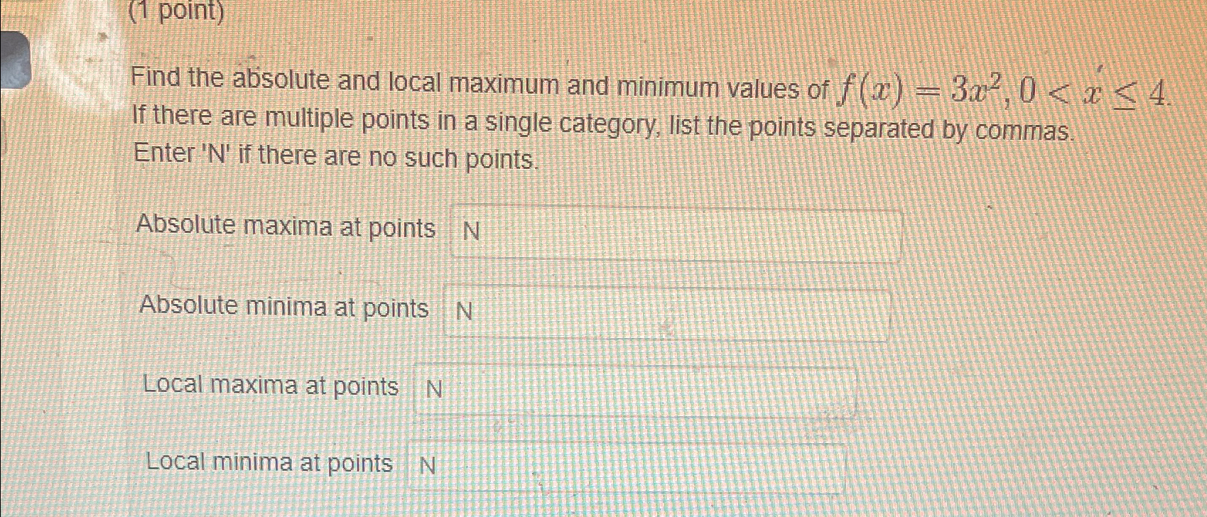Solved (1 ﻿point)Find the absolute and local maximum and | Chegg.com