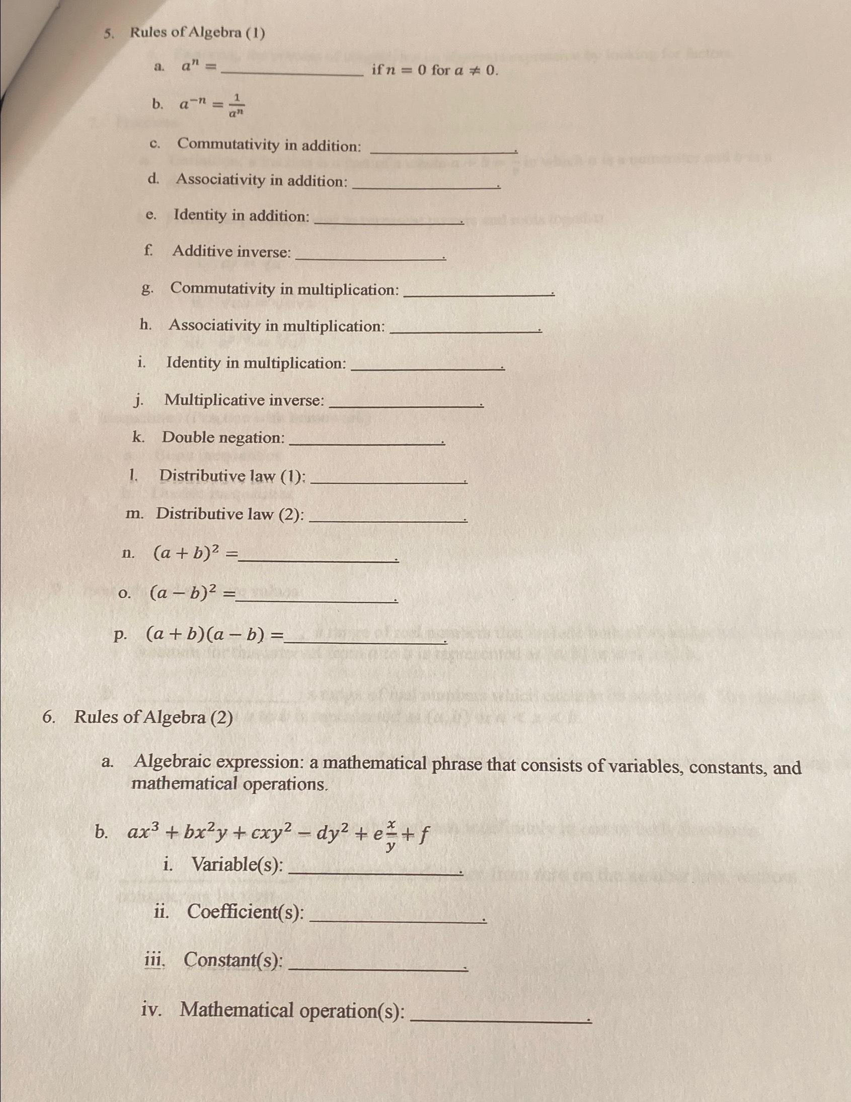 Solved Rules of Algebra (1)a. an= ﻿if n=0 ﻿for | Chegg.com
