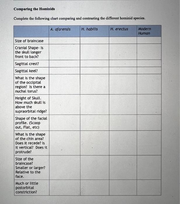 Comparing the Hominids Complete the following chart | Chegg.com