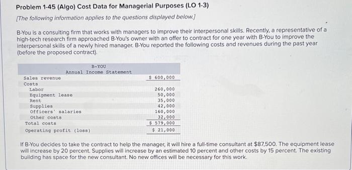 Solved Problem 1-45 (Algo) Cost Data for Managerial Purposes | Chegg.com